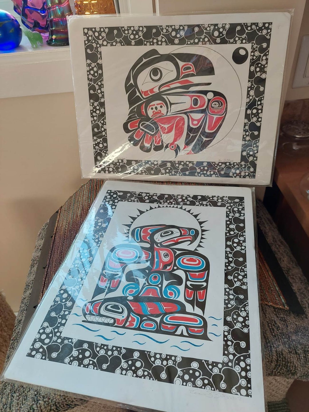 TWO Signed HAIDA First Nations Art Thunderbird and Fish and Raven ...