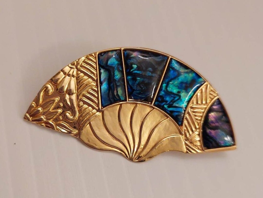 Abalone Shell Fan Brooch, Signed Duri, Art Deco Brooch, 2.25 Inches ...