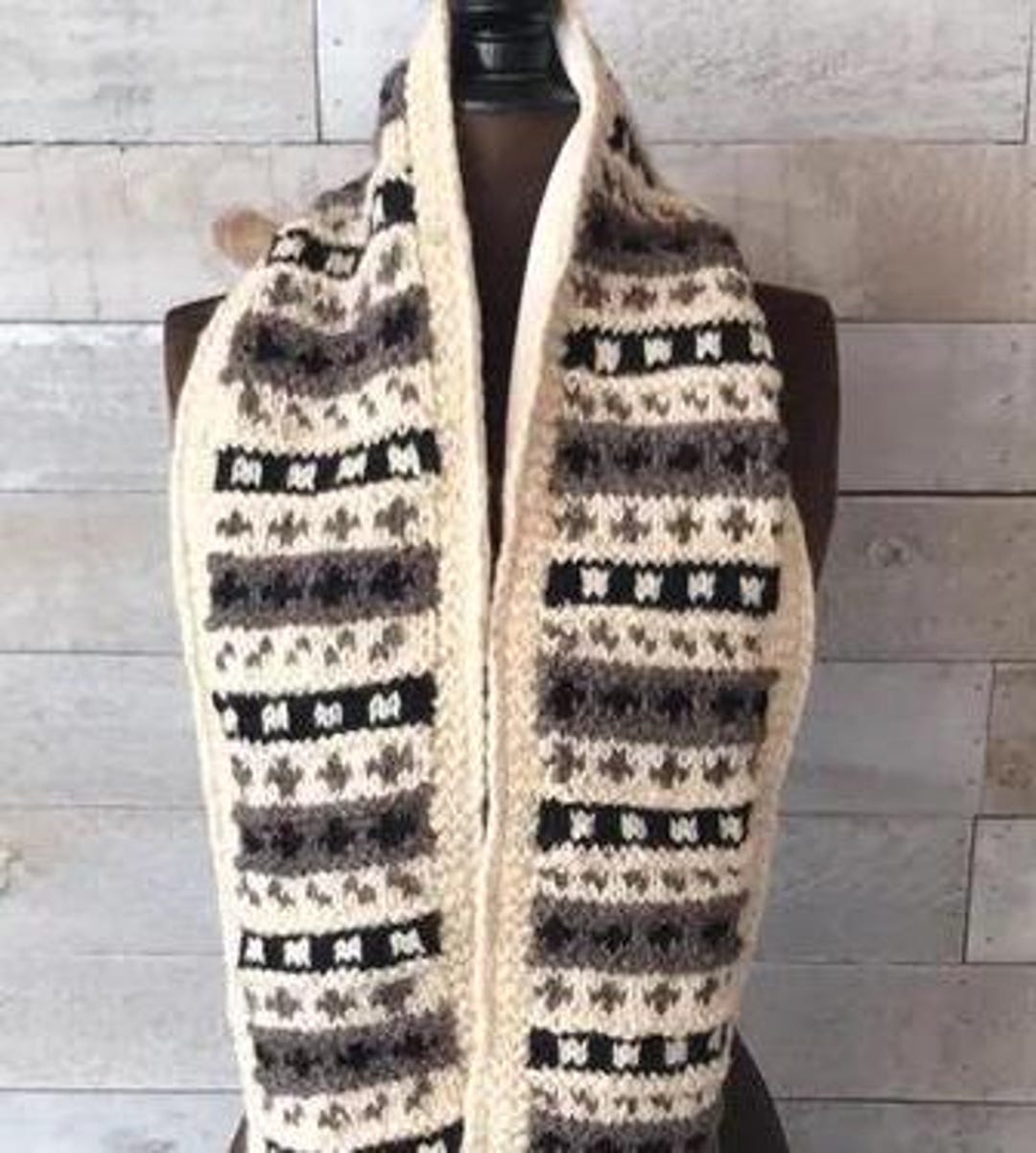 First Nations Hand Knit Cowichan Wool LONG Scarf Cream and Dark Brown ...