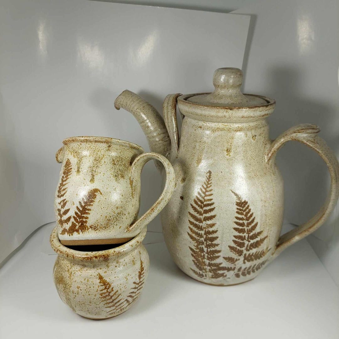 Vintage 70's Fern Design Pottery Large Tea Pot , Creamer and Sugar Bowl ...