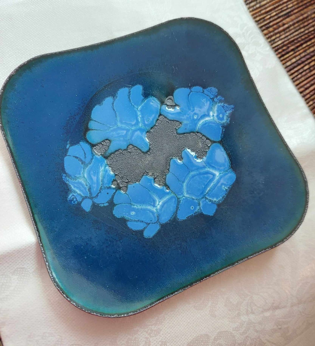 Vintage Enamel Blue Flower Vintage Dish, Signed - Etsy