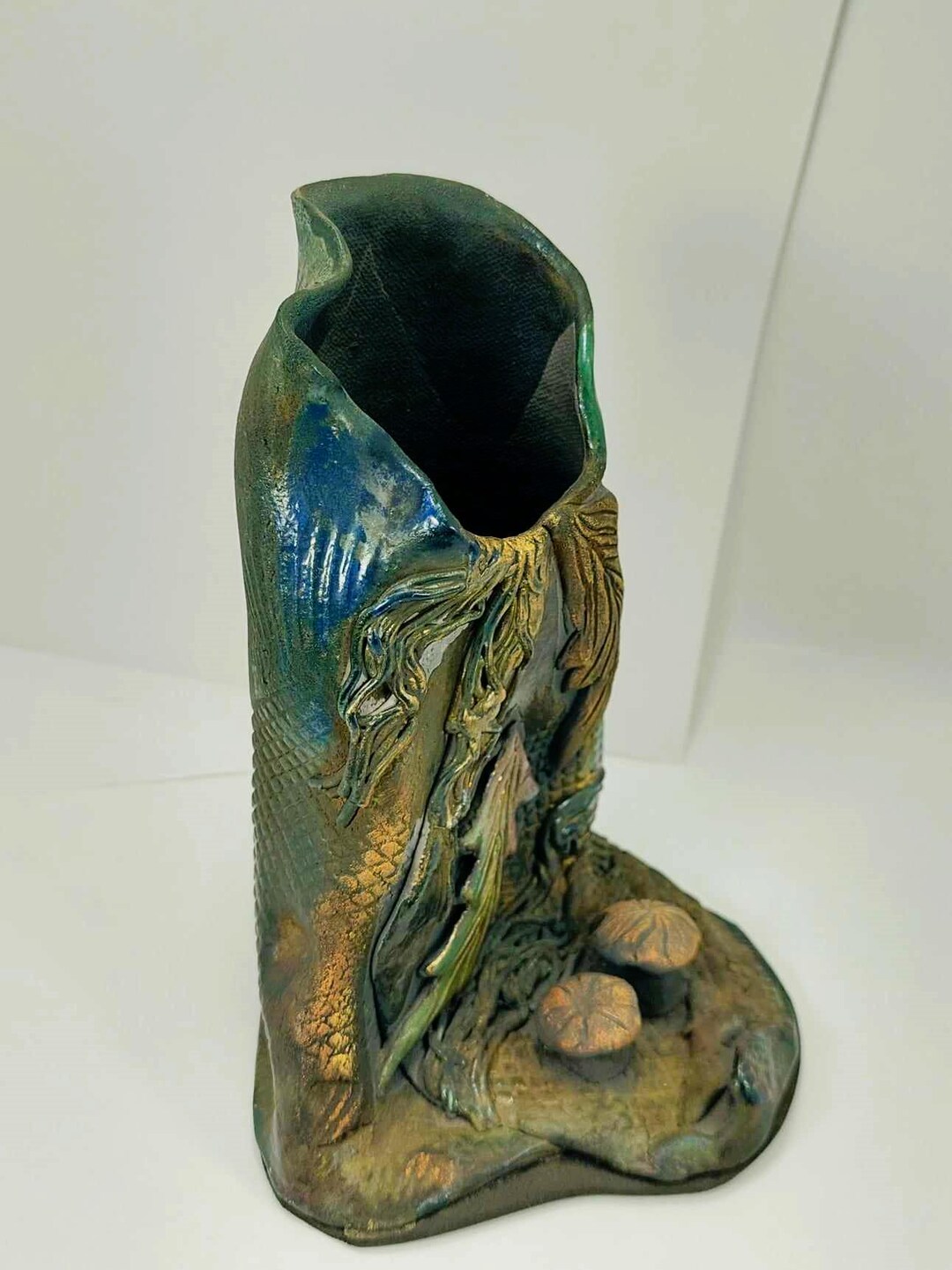 Raku Pottery Green Tree Stump With Mushrooms Vase Statue - Etsy