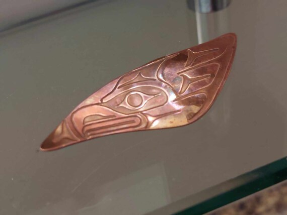 Vintage First Nations Carved Copper EAGLE Brooch - Gem