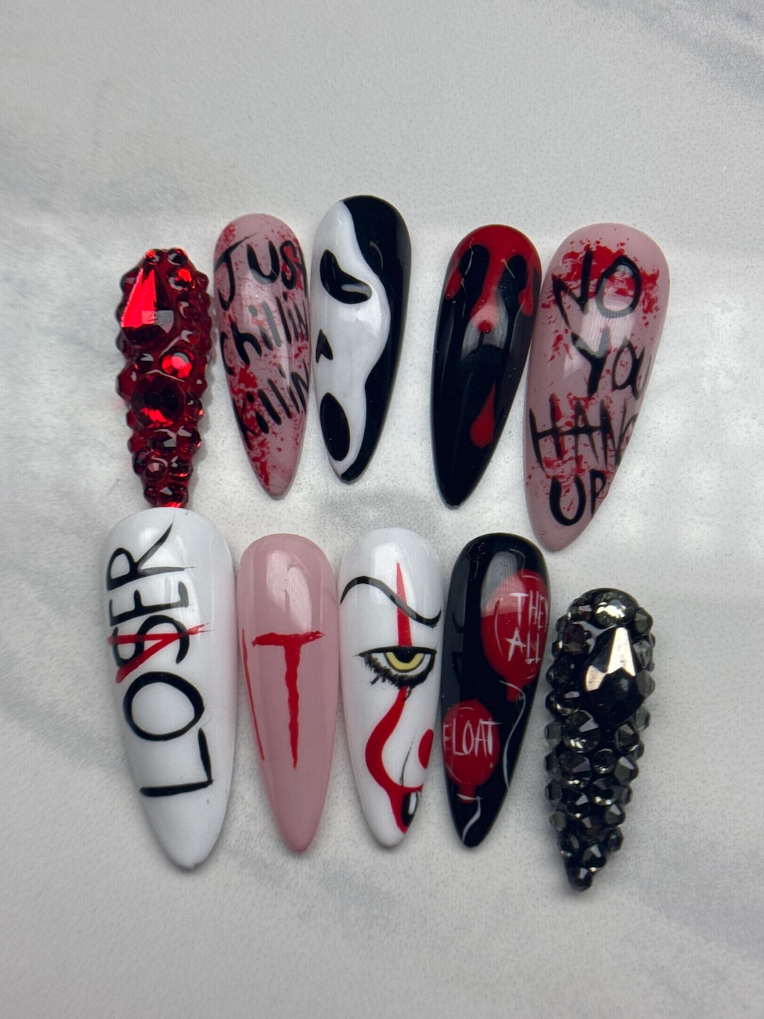 Pennywise & Ghostface Long Almond Press on Nails, Fake Nails for ...