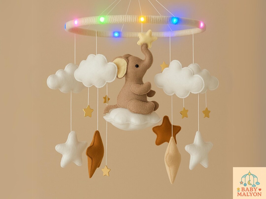 Lighted Elephant Baby Mobile, Felt Nursery Decor, Elephant Crib Mobile ...