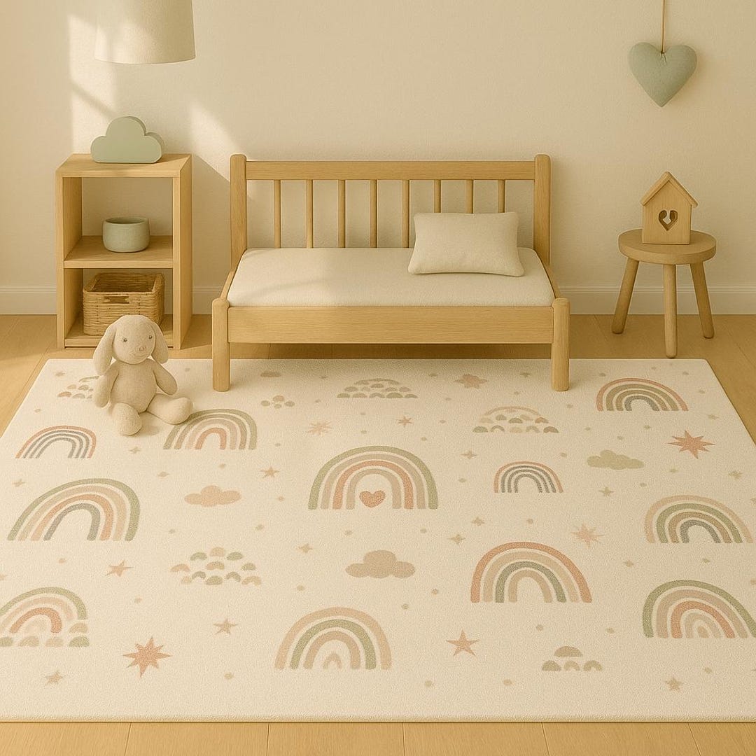 Pastel Rainbow Kids Rug,soft Nursery Rug With Clouds & Stars,baby Room ...
