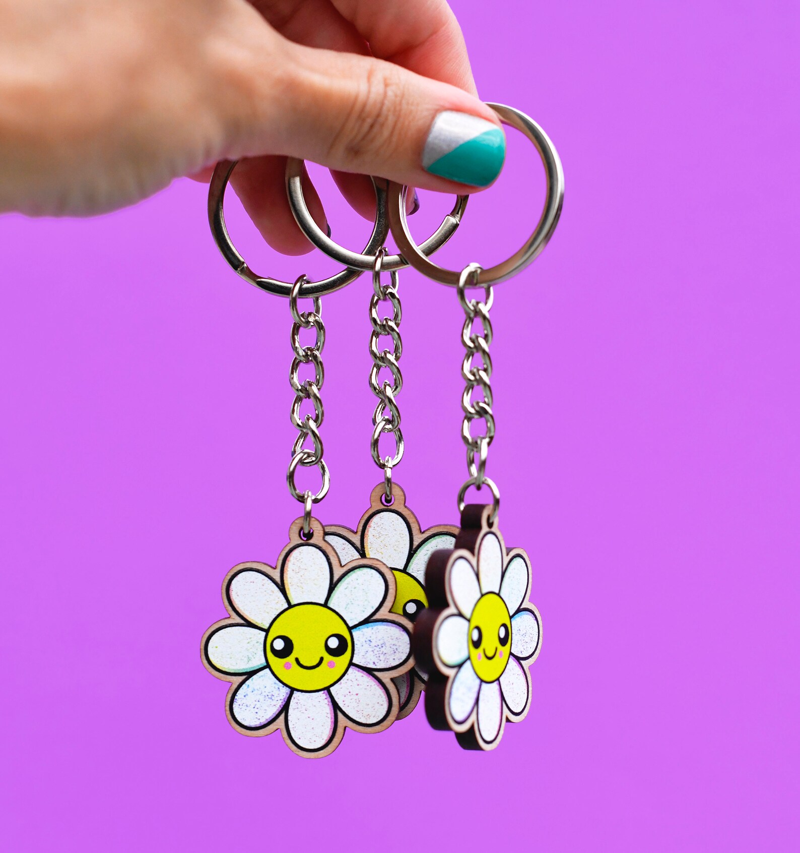 Smiley Face Daisy / Rainbow Kawaii Wooden Keychain - Etsy