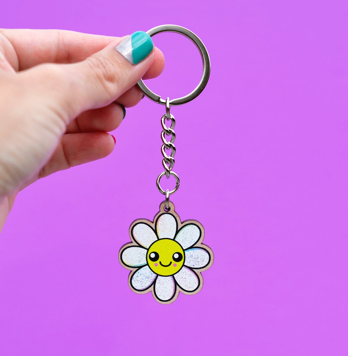 Smiley Face Daisy / Rainbow Kawaii Wooden Keychain - Etsy