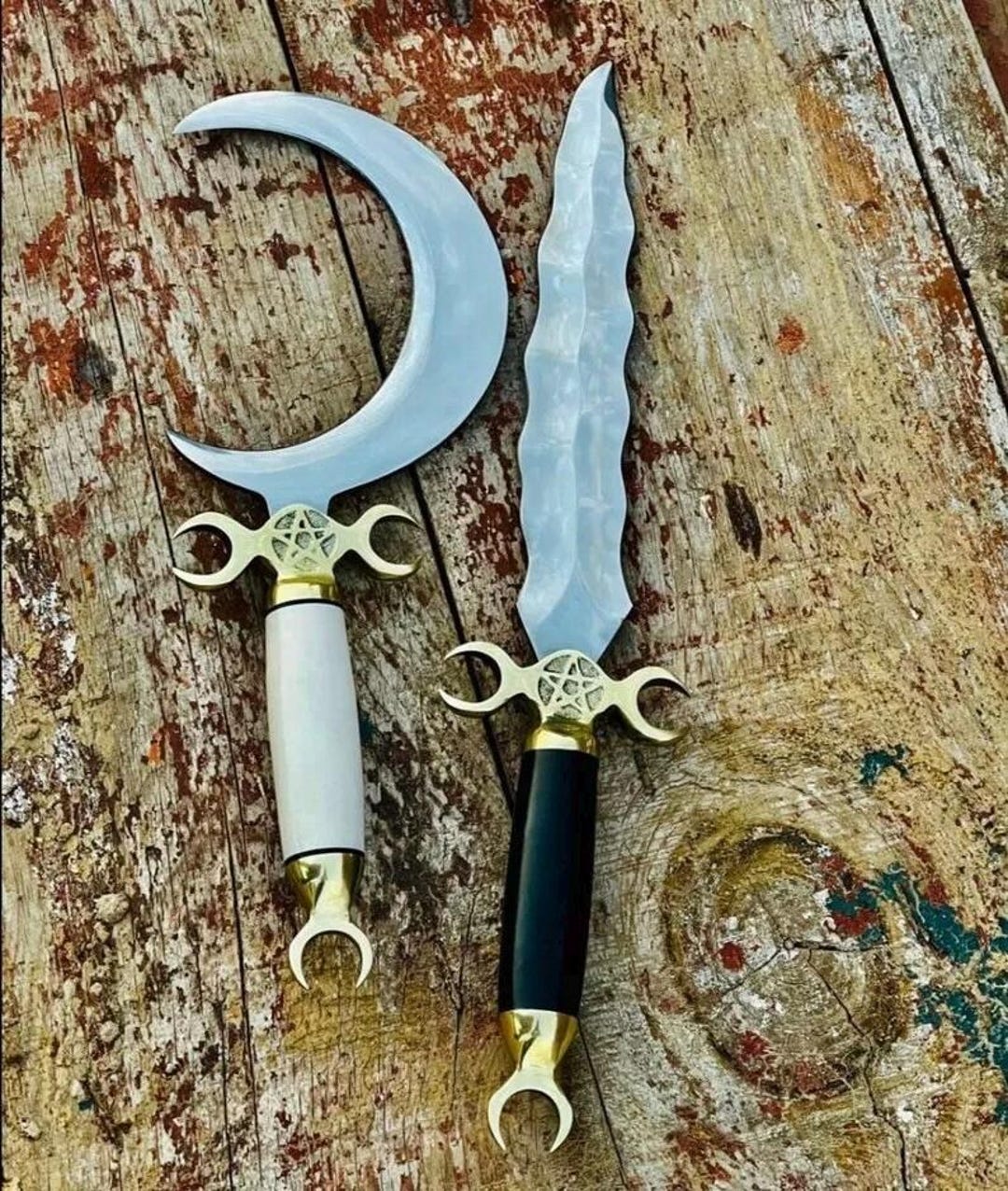 Crescent Moon Dagger Ritual Athame Boline Curved Handmade Knife Bone ...