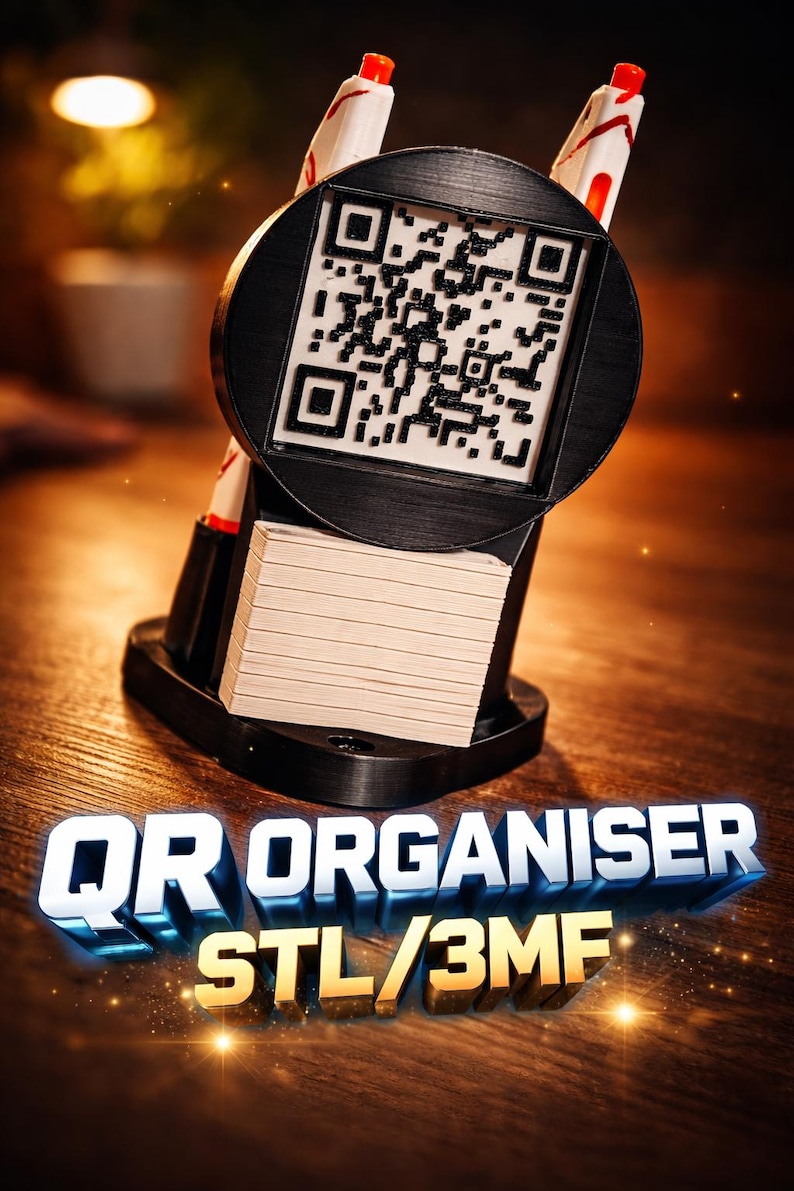 QR Code Desk Stand STL/3MF Dual Pen Holder, Sticky Note, Insert QR ...