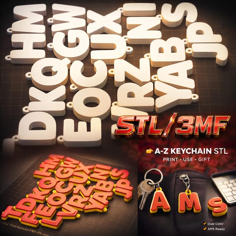 A-Z Alphabet Keychain STL Files: Bold Rounded Letters (dual Color, AMS ...