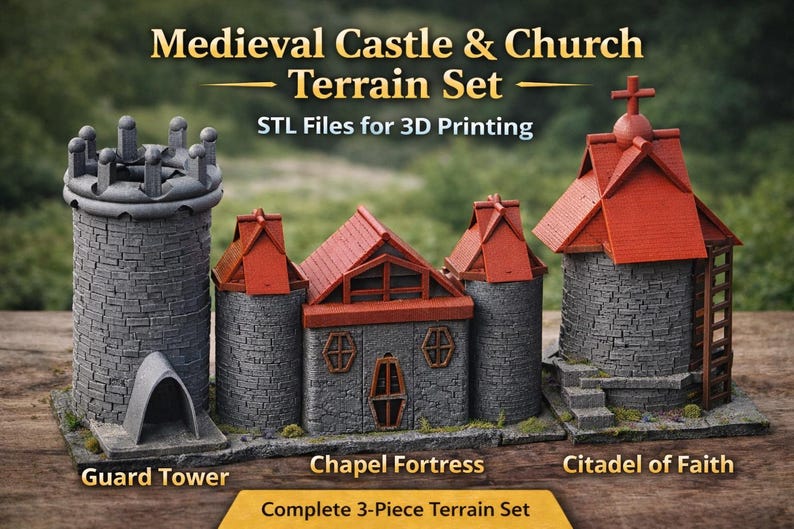 CASTLE MODEL 3D PRINT File, Medieval Church Terrain Set Guard Tower ...