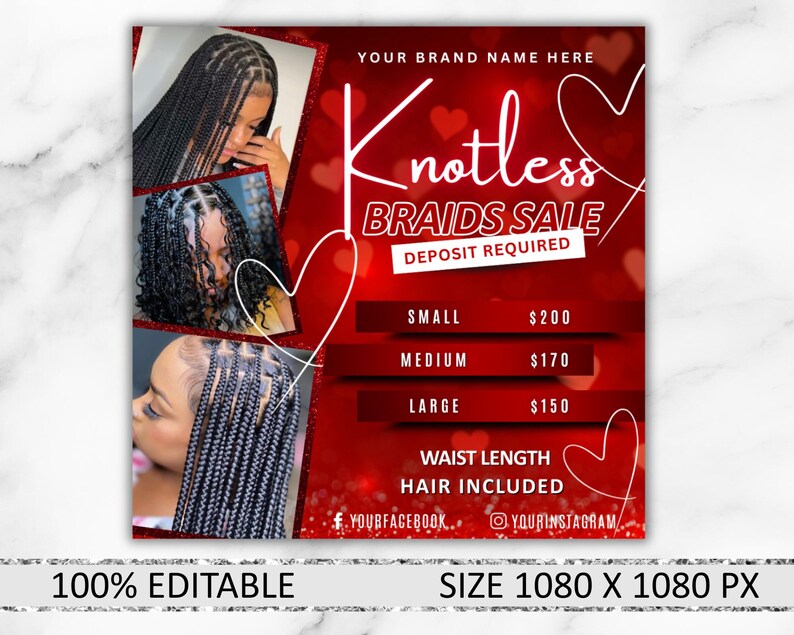 February Knotless Braids Flyer, Valentine's Day Braids Special Flyer ...