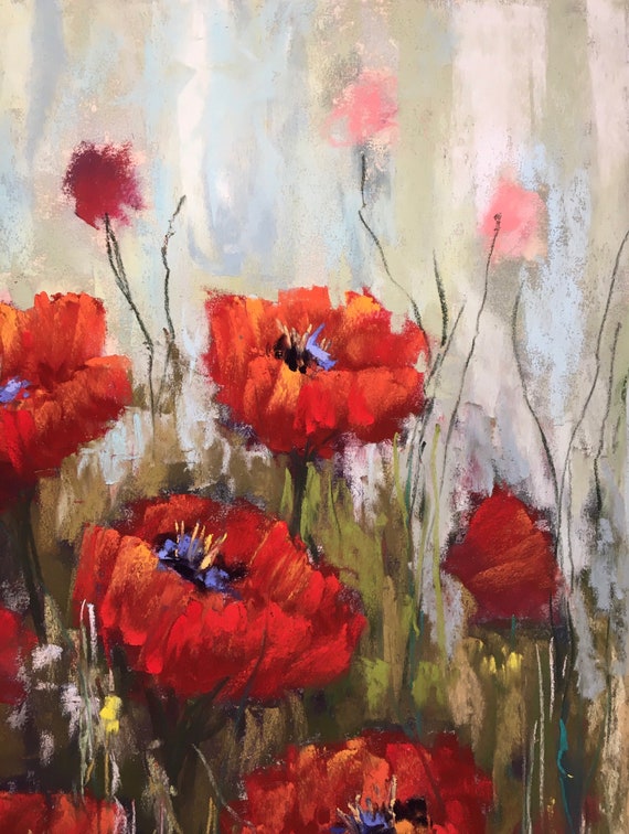 Pastel Drawing & Illustration Red Poppy Meadow Original Soft Pastel ...