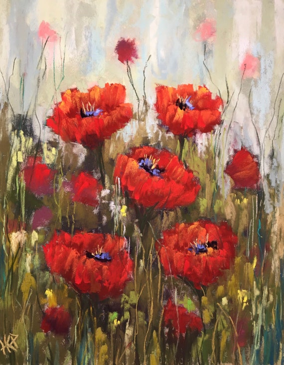 Pastel Drawing & Illustration Red Poppy Meadow Original Soft Pastel ...