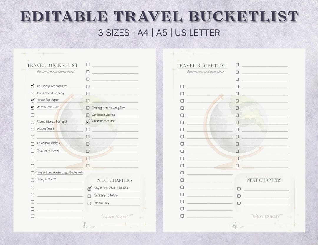 Dreamy Travel Bucket List | Printable + Editable PDF | A4, A5 & US ...