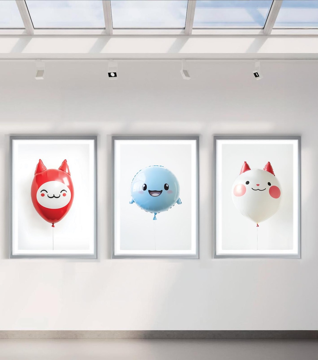 Set of 3 Kawaii Animal Balloon Posters Red Fox Blue Whale White Cat ...
