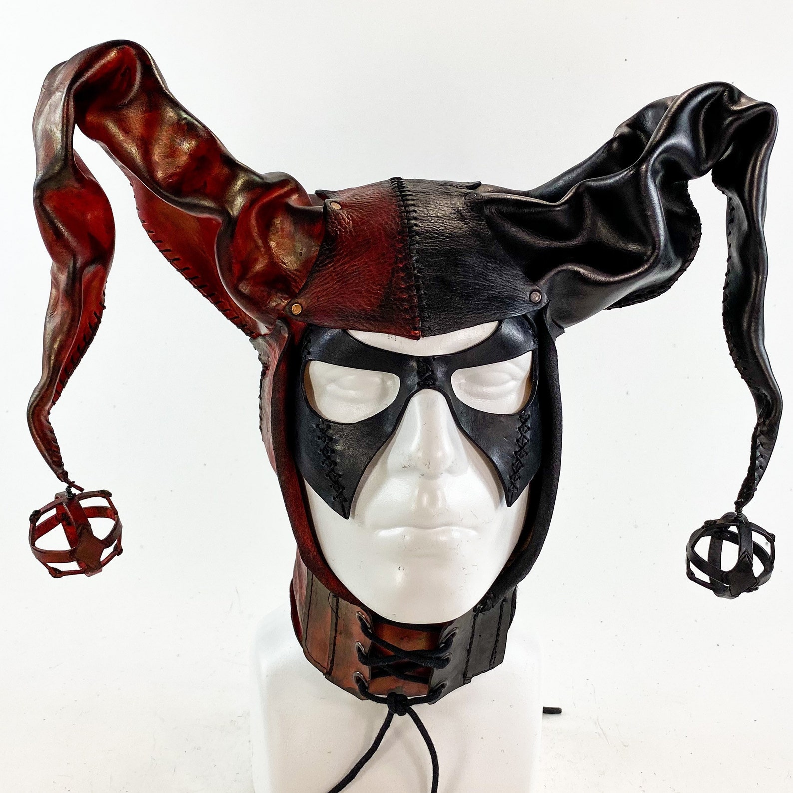 Jester Helmet Genuine Leather Mask in Red and Black - Etsy