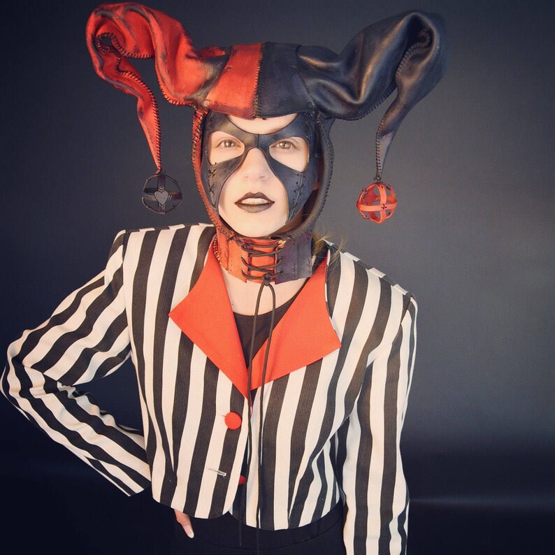 Jester Helmet Genuine Leather Mask in Red and Black - Etsy