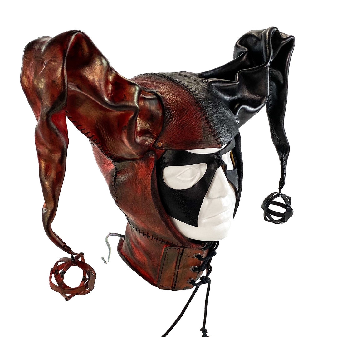 Jester Helmet Genuine Leather Mask in Red and Black - Etsy