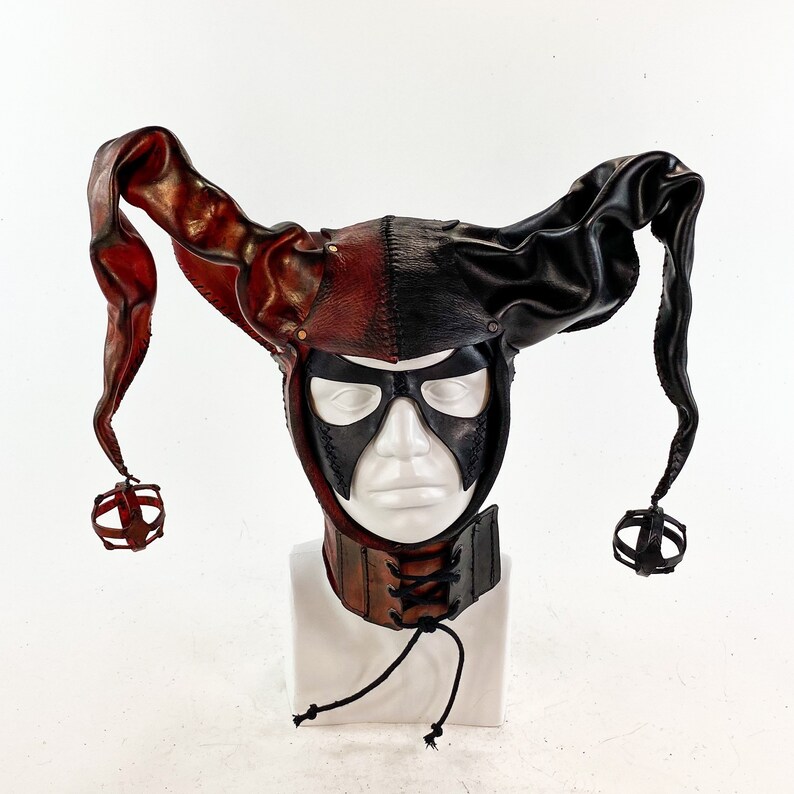 Jester Helmet Genuine Leather Mask in Red and Black - Etsy