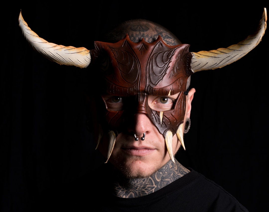 Handmade Genuine Leather Mask With Horns in Natural Colors - the Horned ...