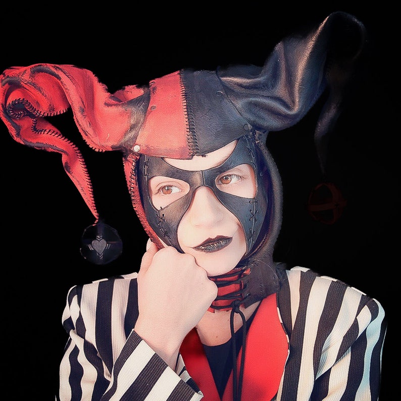 Jester Helmet Genuine Leather Mask in Red and Black - Etsy