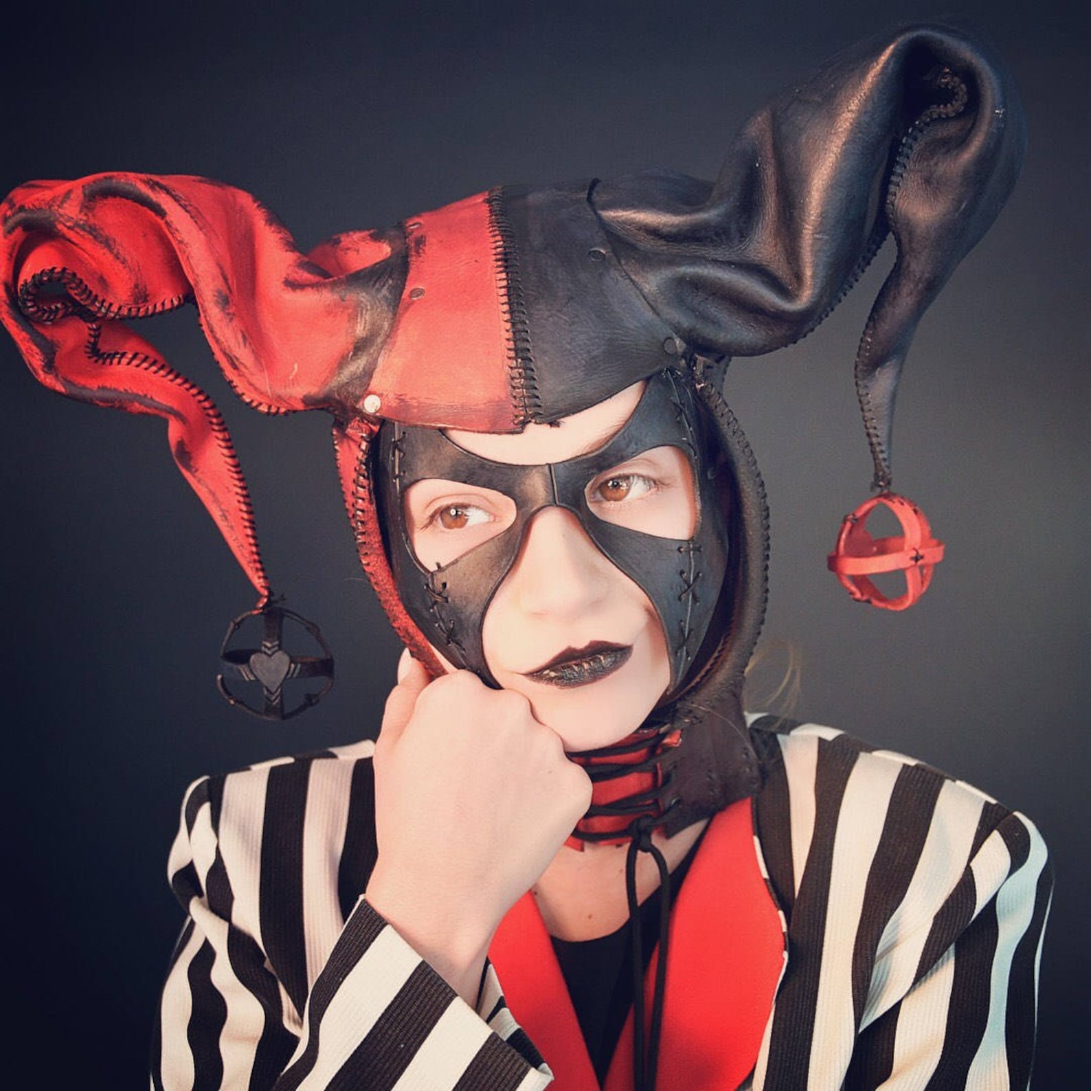Jester Helmet Genuine Leather Mask in Red and Black - Etsy
