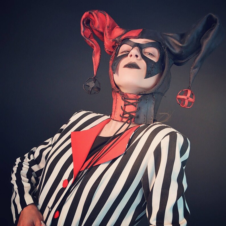 Jester Helmet Genuine Leather Mask in Red and Black - Etsy