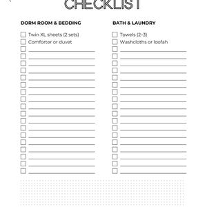 College Essentials & Dorm Room Checklist Printable PDF | Back to School Packing List | First ...