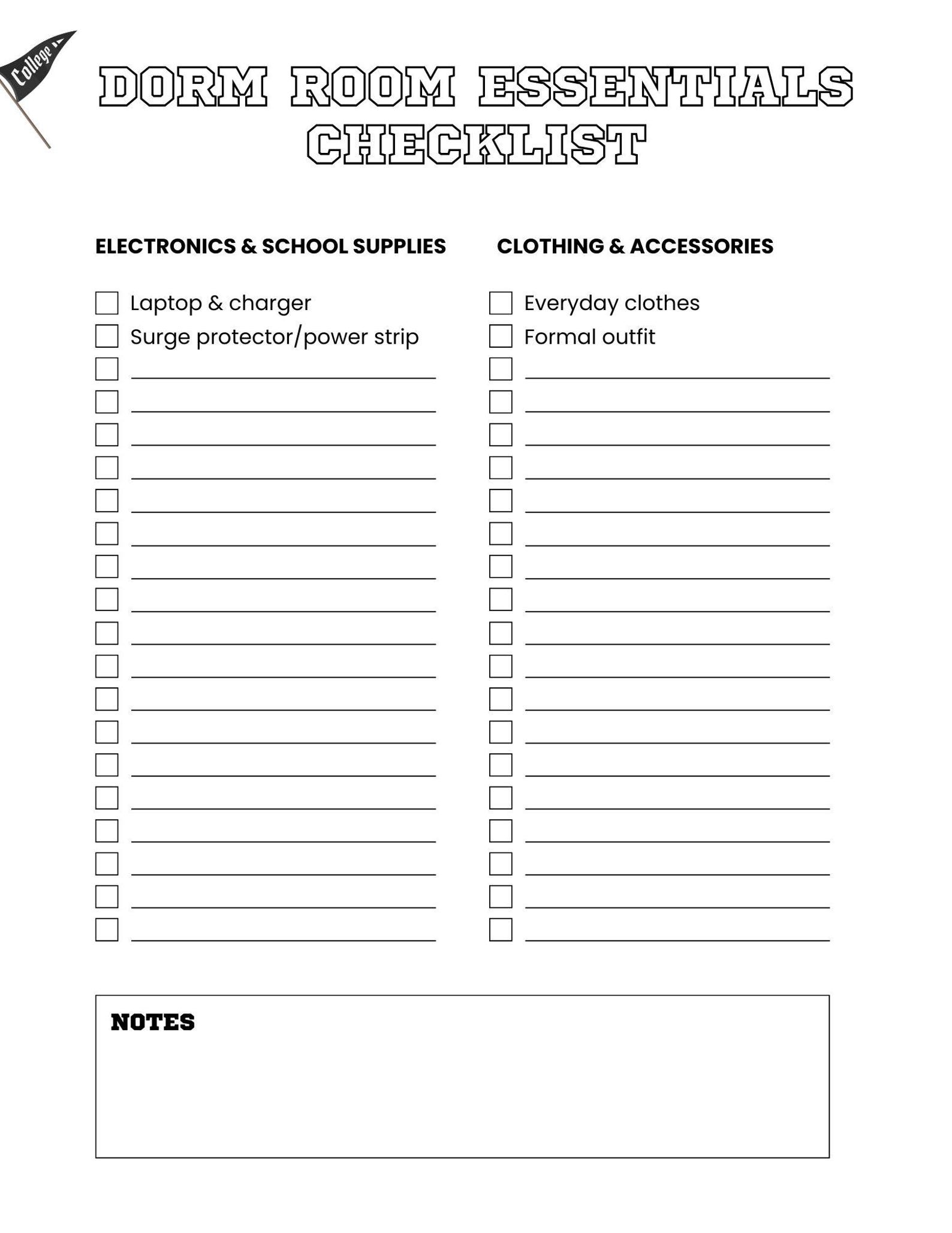 College Essentials & Dorm Room Checklist Printable PDF | Back to School Packing List | First ...