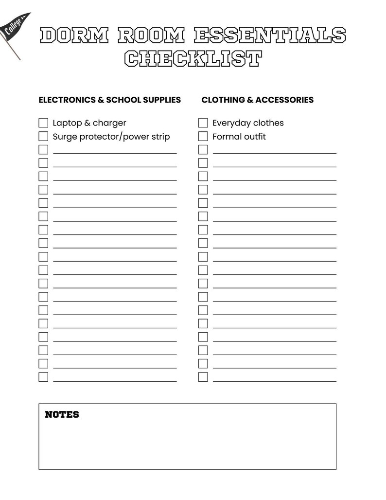 College Essentials & Dorm Room Checklist Printable PDF | Back to School Packing List | First ...