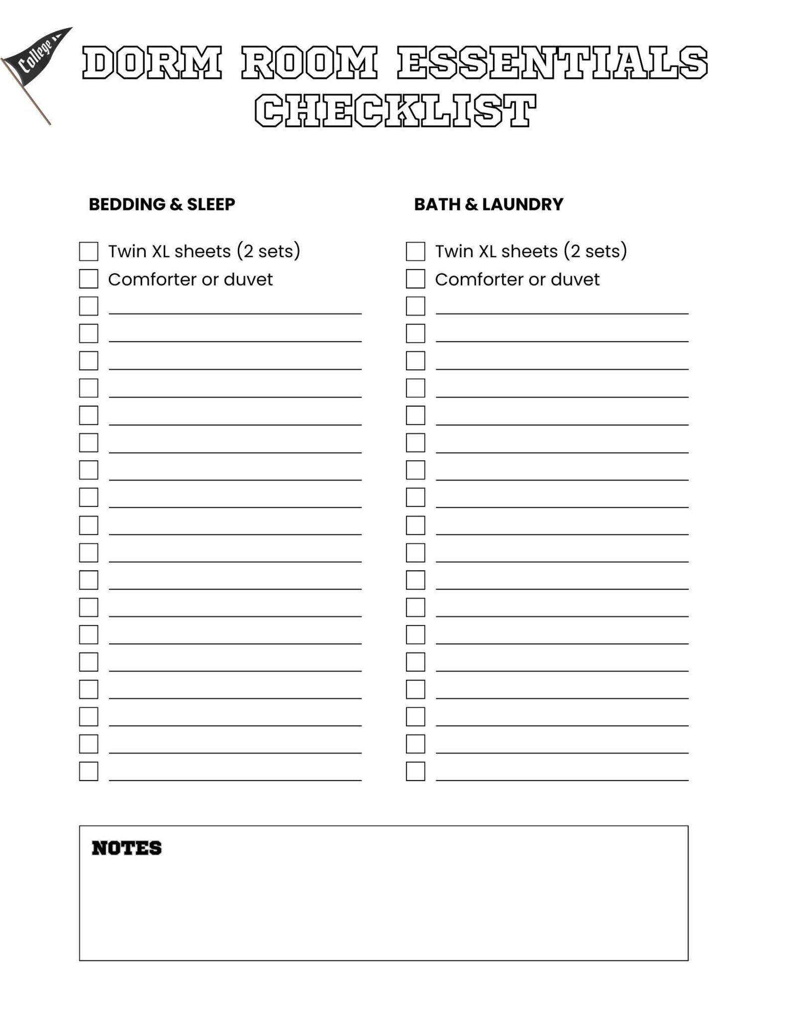College Essentials & Dorm Room Checklist Printable PDF | Back to School Packing List | First ...