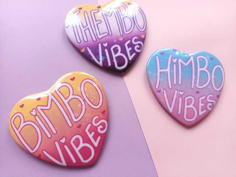 Himbo Thembo Bimbo Vibes Pastel 57mm Holo Finish Heart Button Badges ...