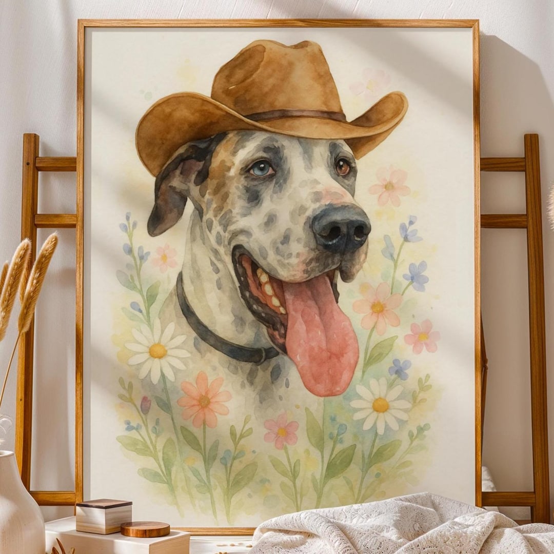 Cowboy Great Dane Watercolor Wall Art | Cottagecore Western Dog Print ...