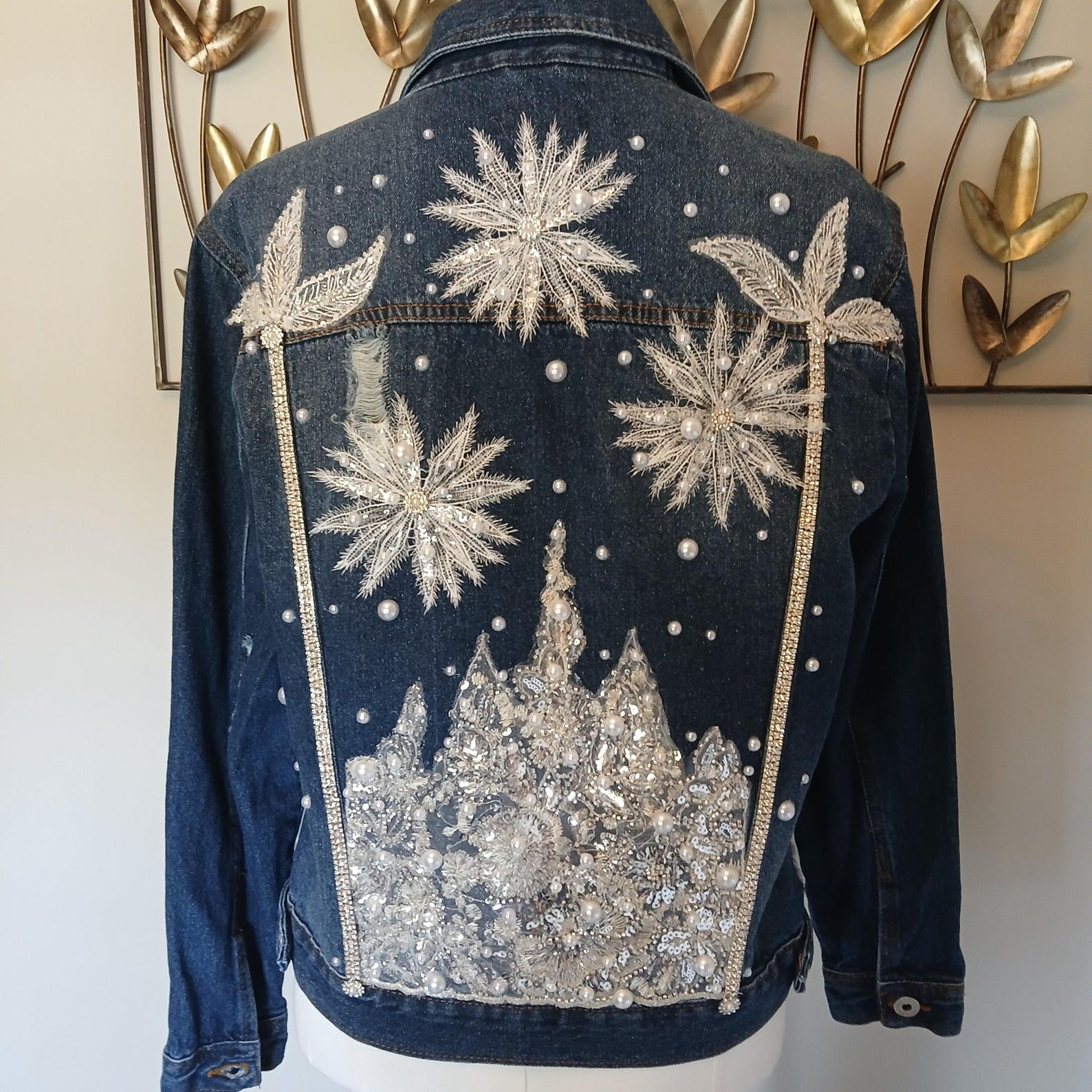 Reworked Embellished Rhinestone Denim Jacket With Appliques and Beaded ...