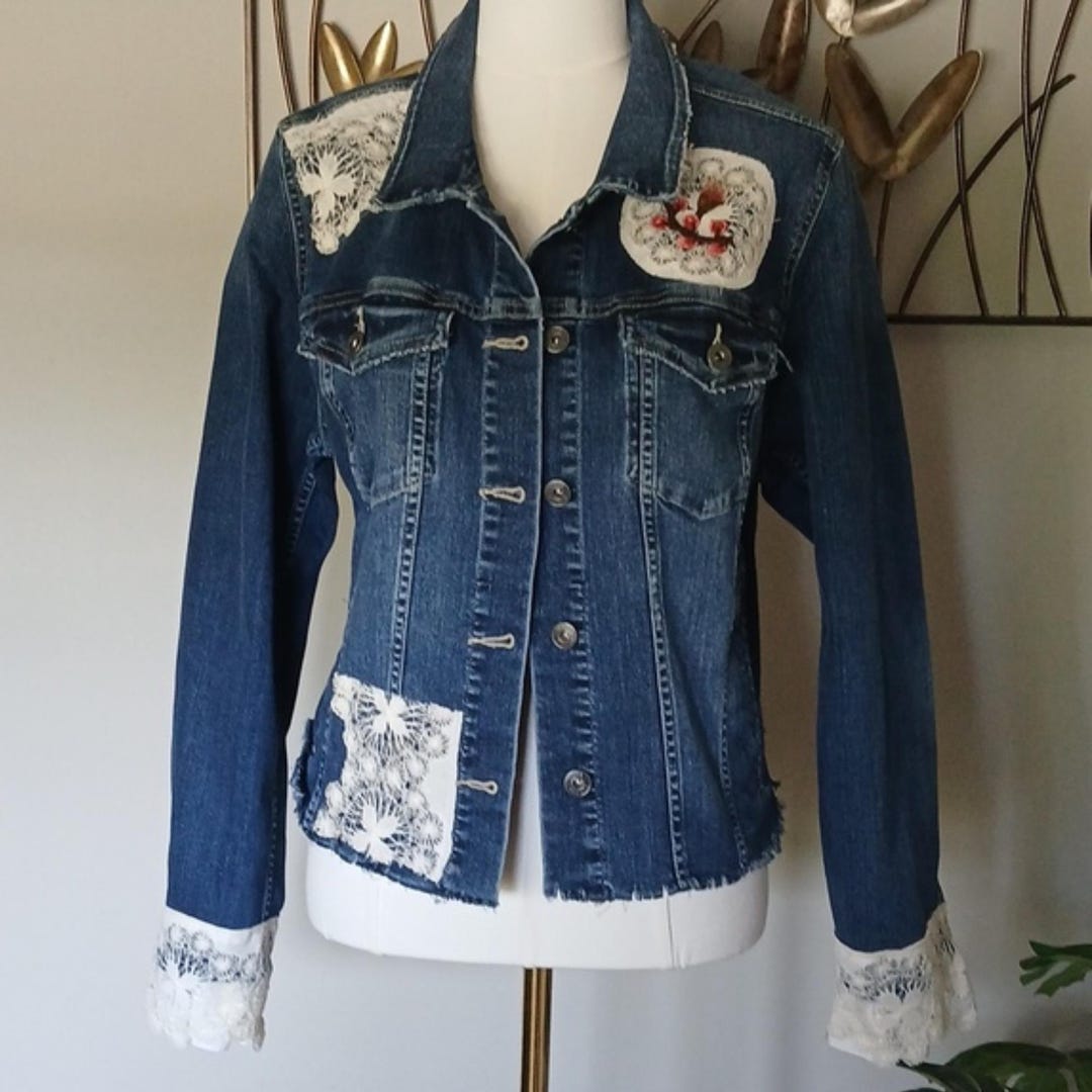 Reworked Denim Jacket With Lace Accents - Etsy