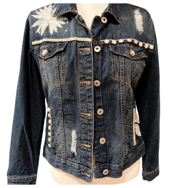 Reworked Embellished Rhinestone Denim Jacket With Appliques and Beaded ...