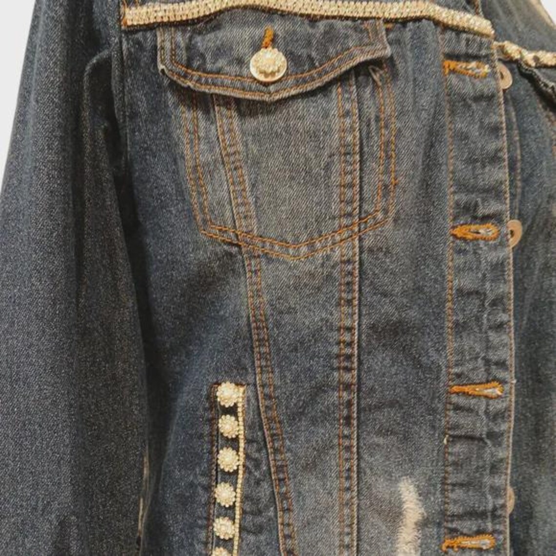 Reworked Embellished Rhinestone Denim Jacket With Appliques and Beaded ...