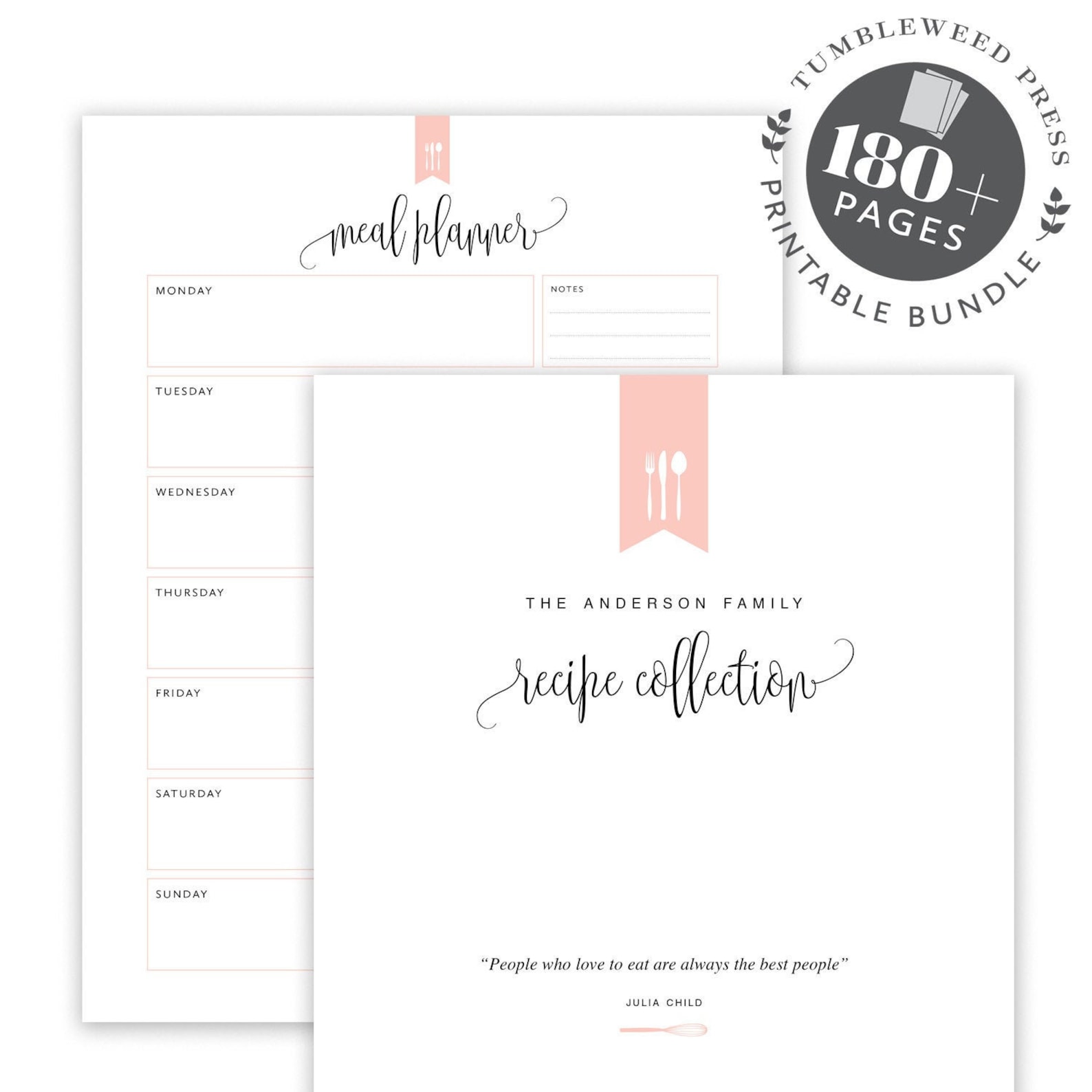 Meal Planning Printable BUNDLE, Editable Meal Planner, Recipe Binder ...