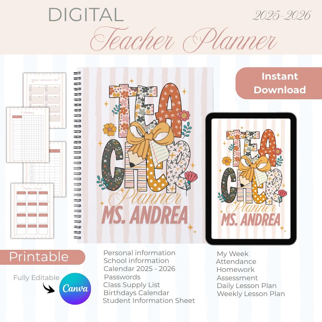 Teacher Planner Printable, Teacher Planner Cover, School Year Planner ...