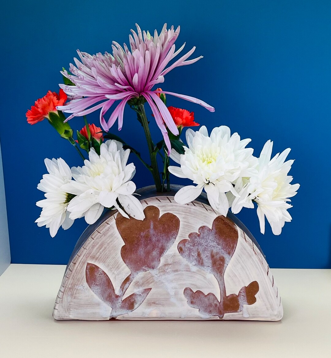 Flower Vase, Brick Red and White Flower Brick With Prairie Flower ...