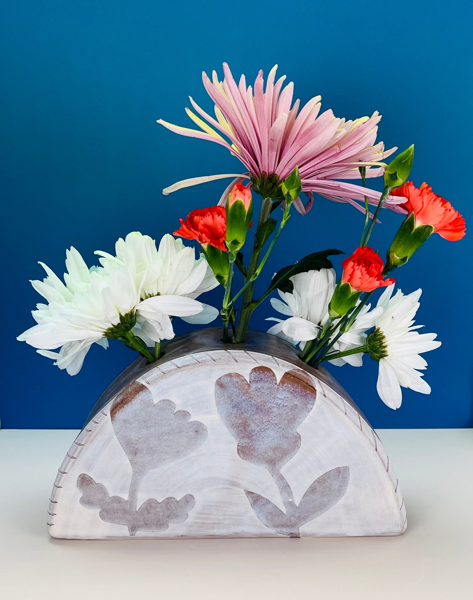 Flower Vase, Brick Red and White Flower Brick With Prairie Flower ...