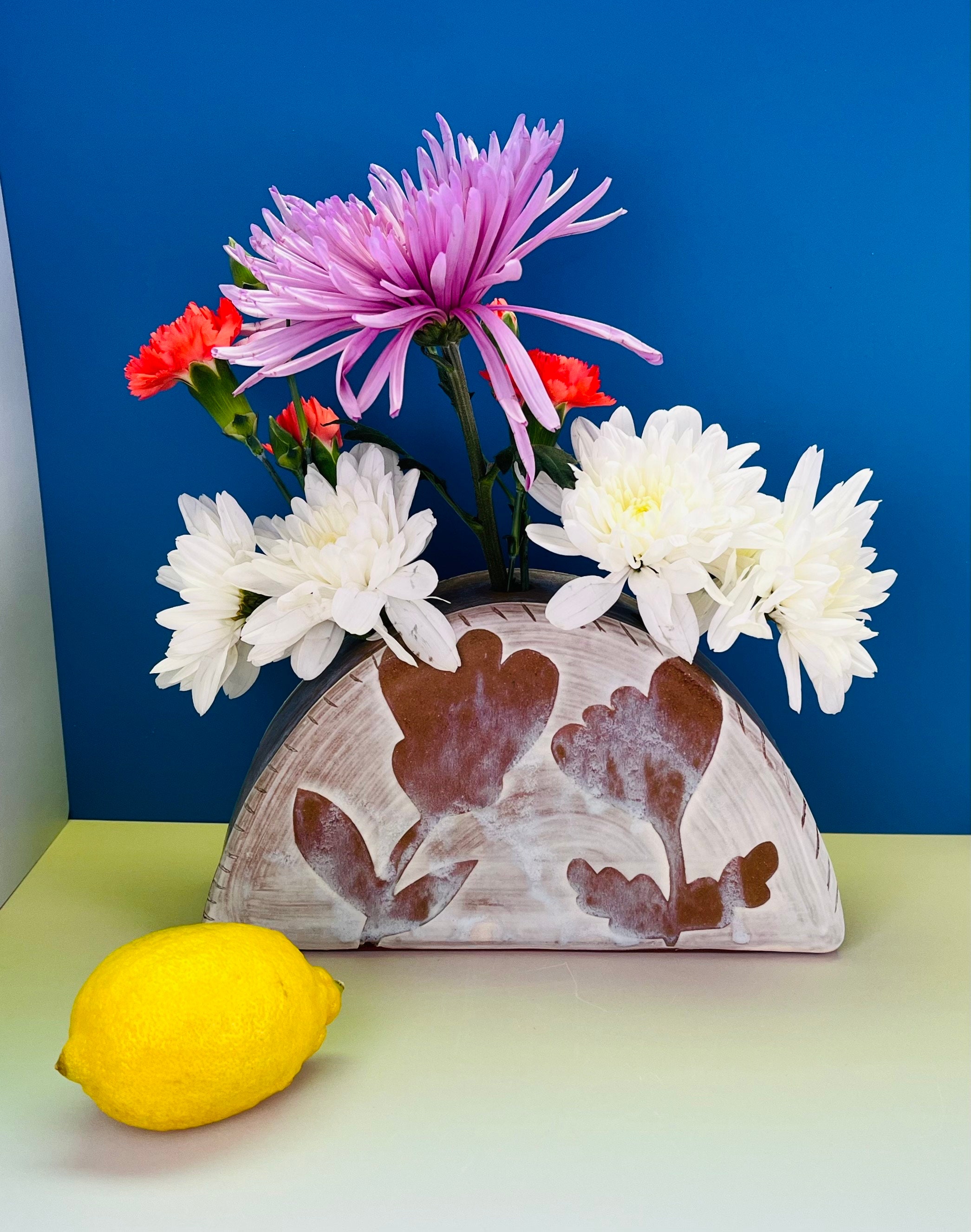 Flower Vase, Brick Red and White Flower Brick With Prairie Flower ...