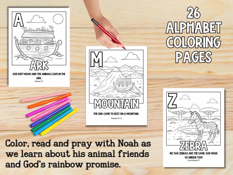 Noah's Ark ABC Coloring Pages: Christian Bible Story (digital Download ...