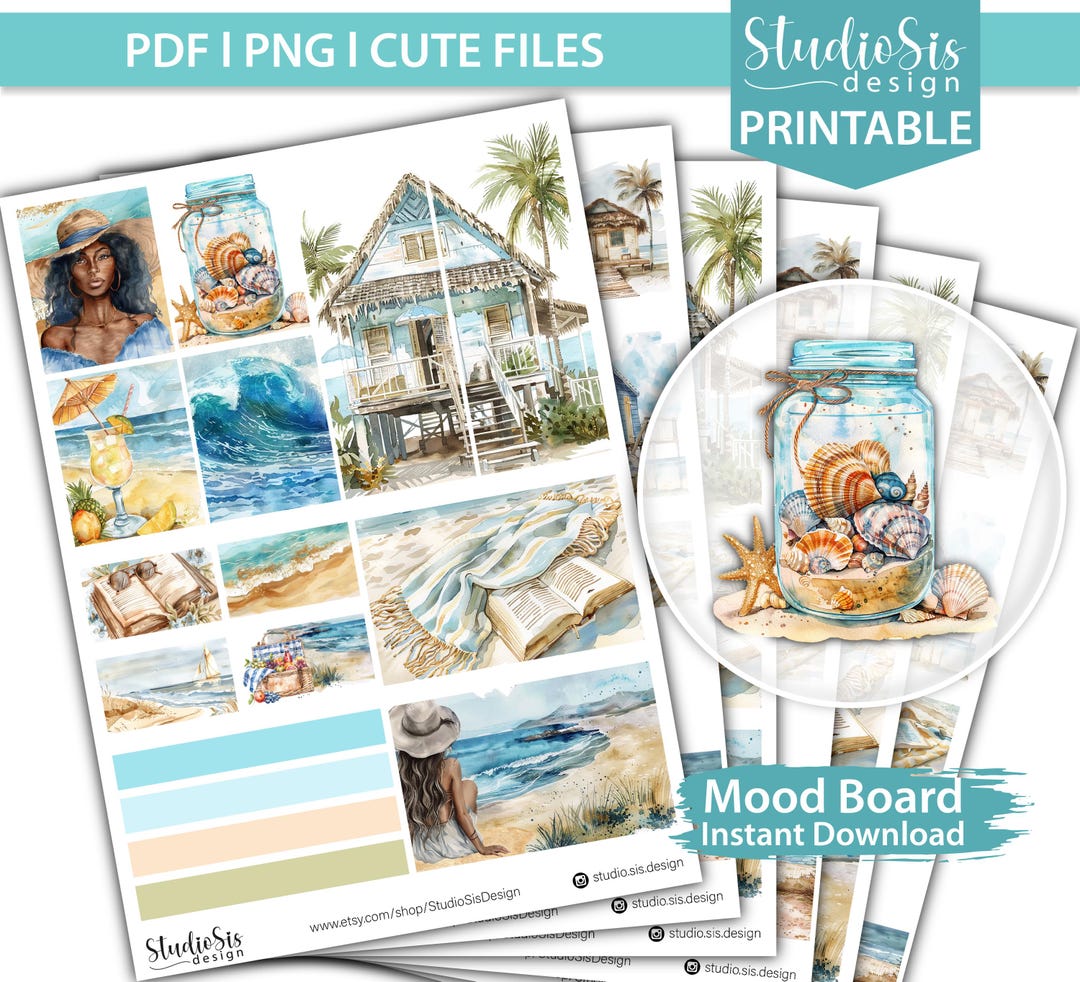 Beach Day Printable Moodboard Planner Stickers, Erin Condren Planner ...