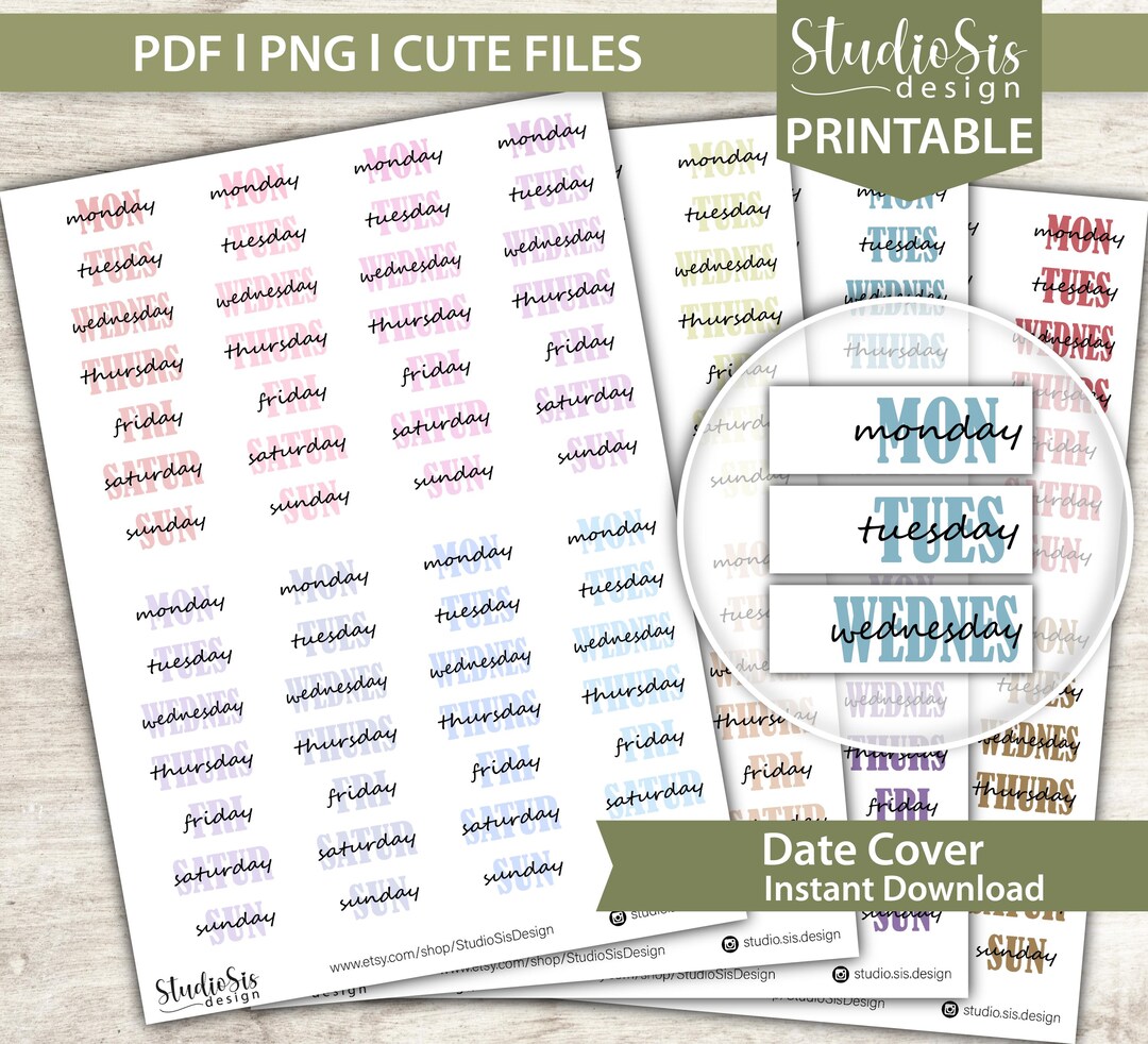 Date Cover, Printable Planner Stickers, Bullet Journal Stickers, Erin ...