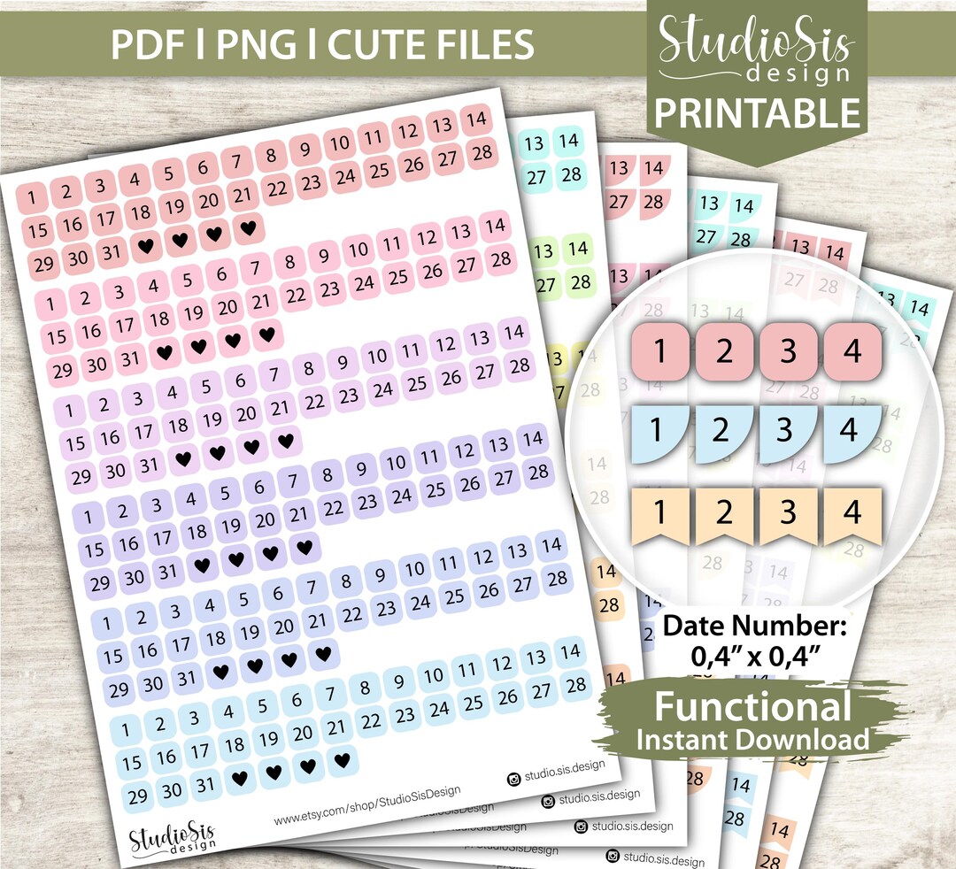 Date Number, Printable Planner Stickers, Bullet Journal Stickers, Erin ...
