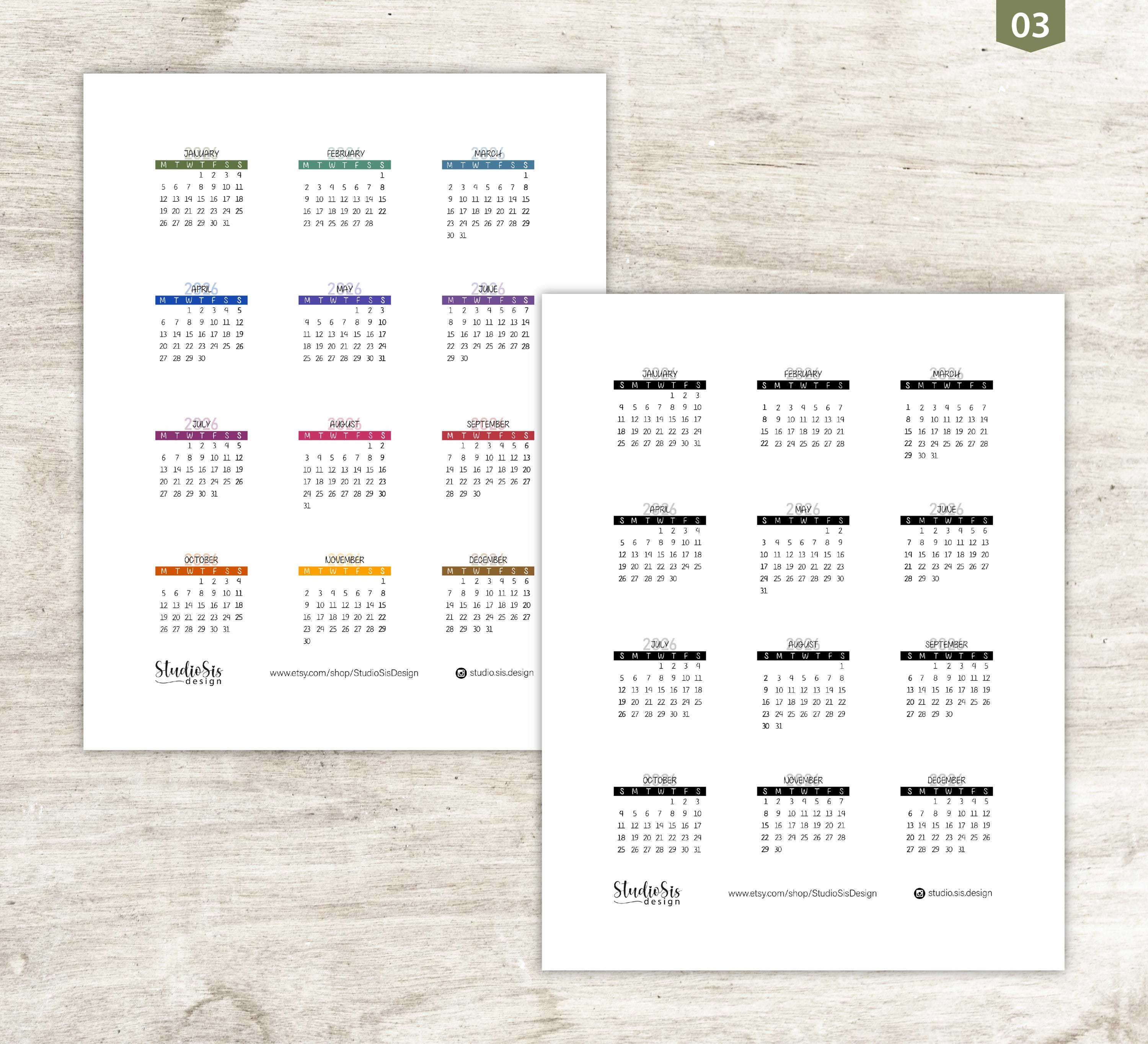 Mini Calendar 2026, Printable Planner Stickers, Bullet Journal Stickers ...