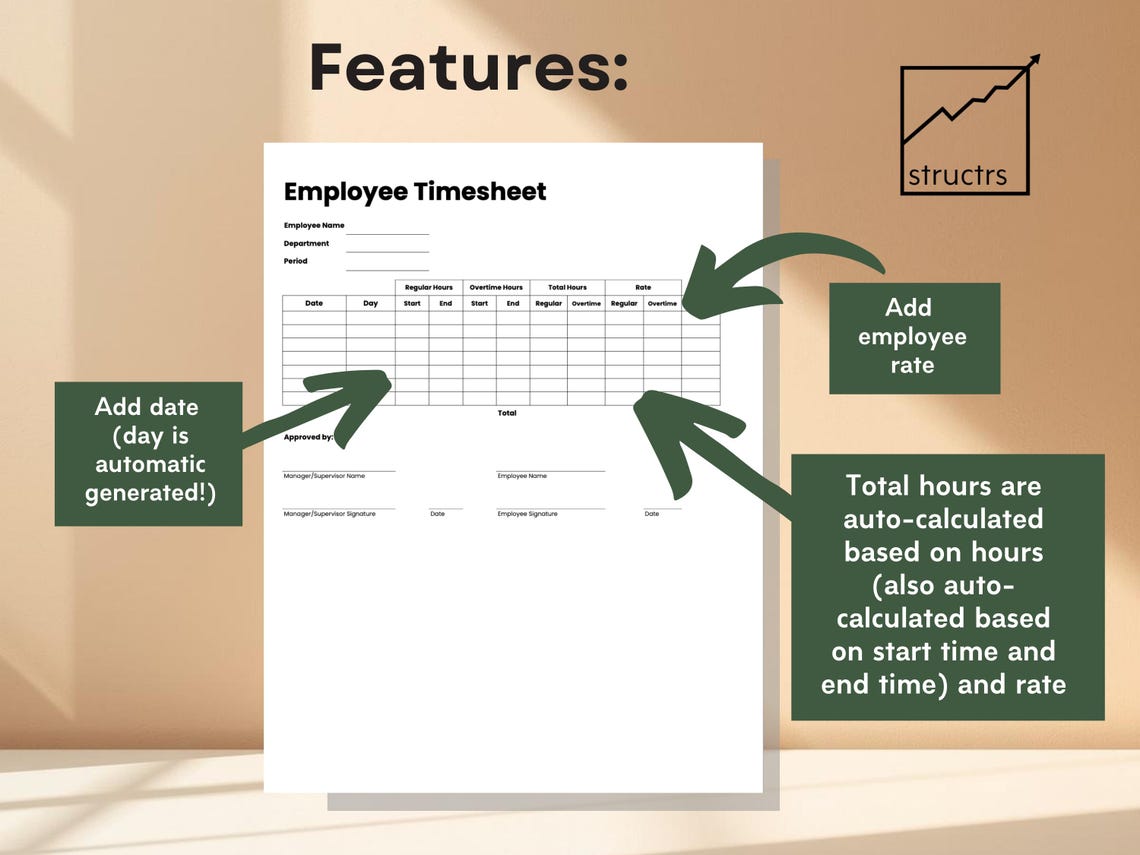 Auto-calculating Employee Timesheet Template: Excel + Google Sheets ...